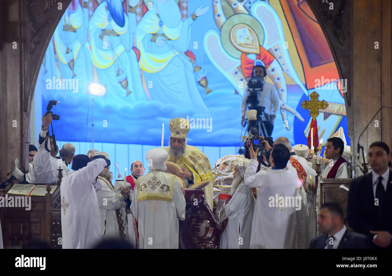 Cairo, Egypt. 15th Apr, 2017. Pope Tawadros II leads an Easter Eve mass ...
