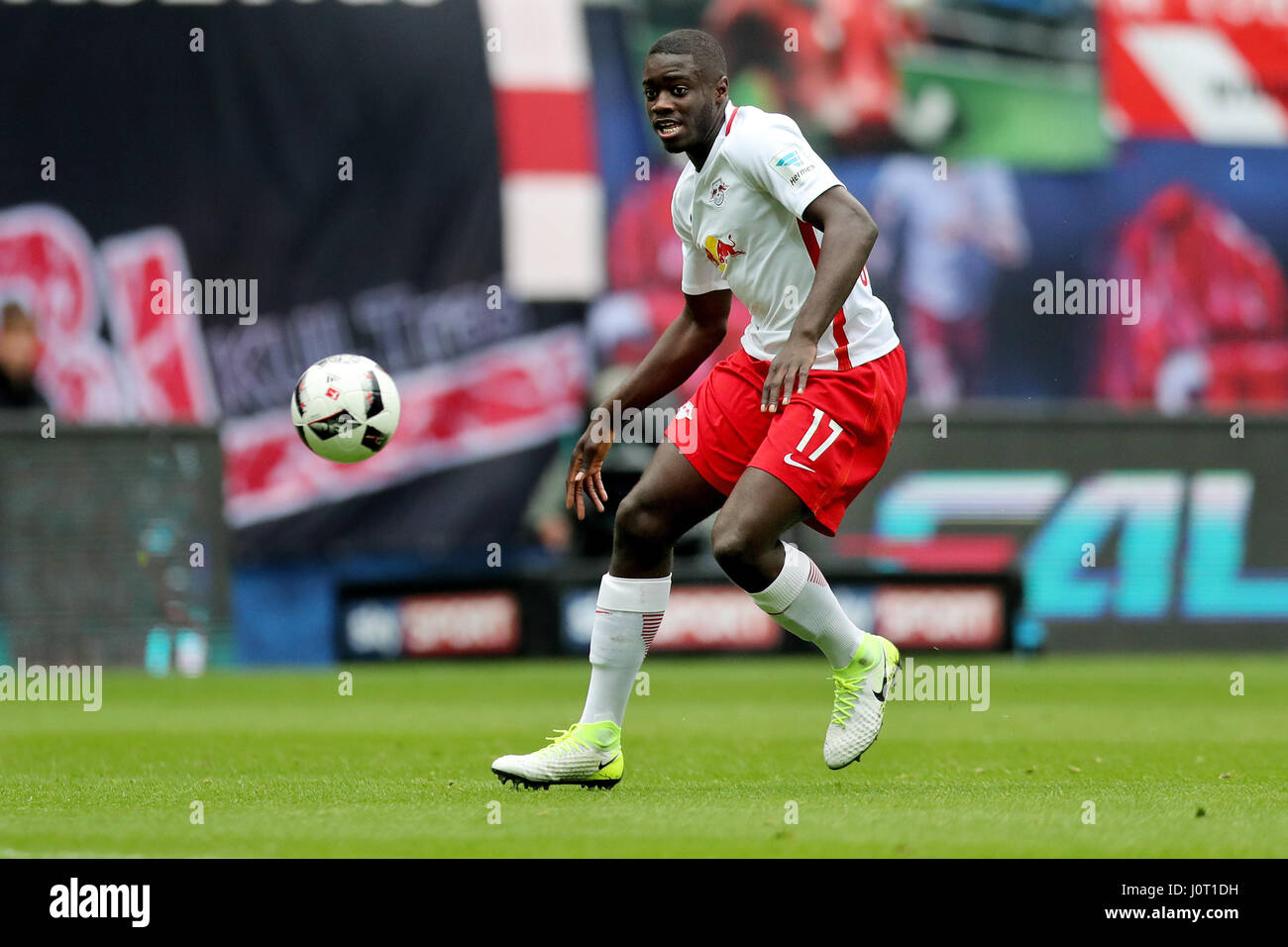 Leipzig, Germany. 15th Apr, 2017. Leipzig's Dayot Upamecano in action ...