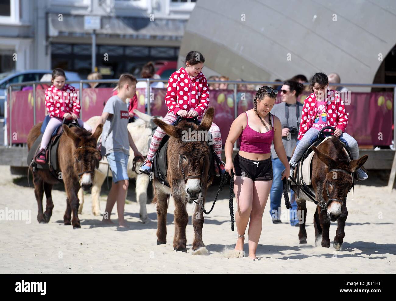 Donkey rides on Weymouth Beach, Dorset, UK. Children enjoy a donkey ...