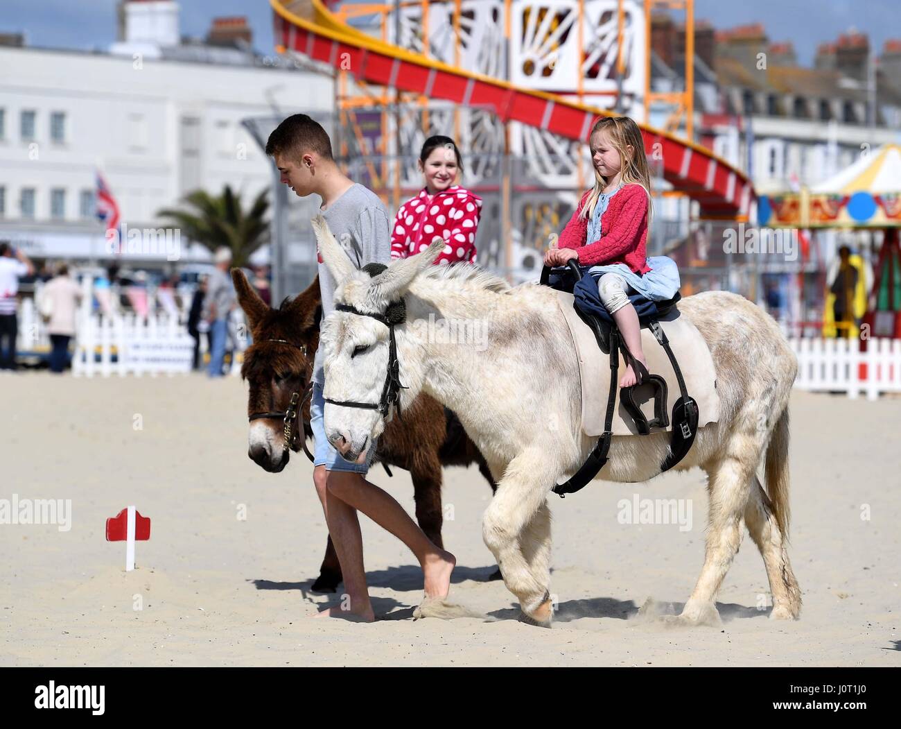 Donkey rides on Weymouth Beach, Dorset, UK. Children enjoy a donkey ...