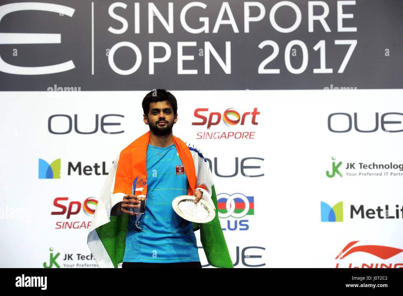 Singapore. 16th Apr, 2017. India's Sai Praneeth poses during the awarding ceremony after the men ...