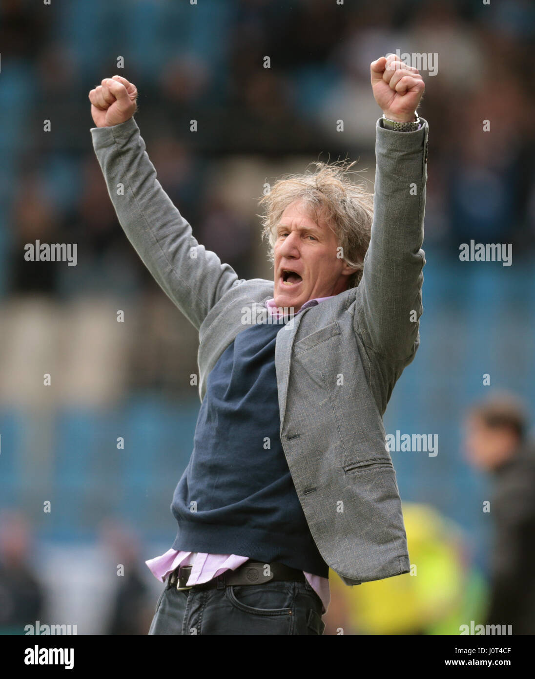 Coach Gertjan Verbeek of Bochum cheers the 1:0 win against Fuerth in ...