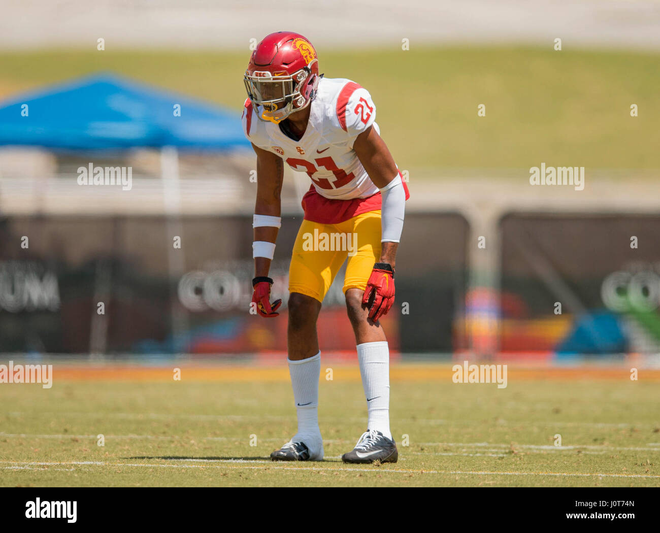 Los Angeles, CA, USA. 15th Apr, 2017. USC safety (21) Jamel Cook gets ...