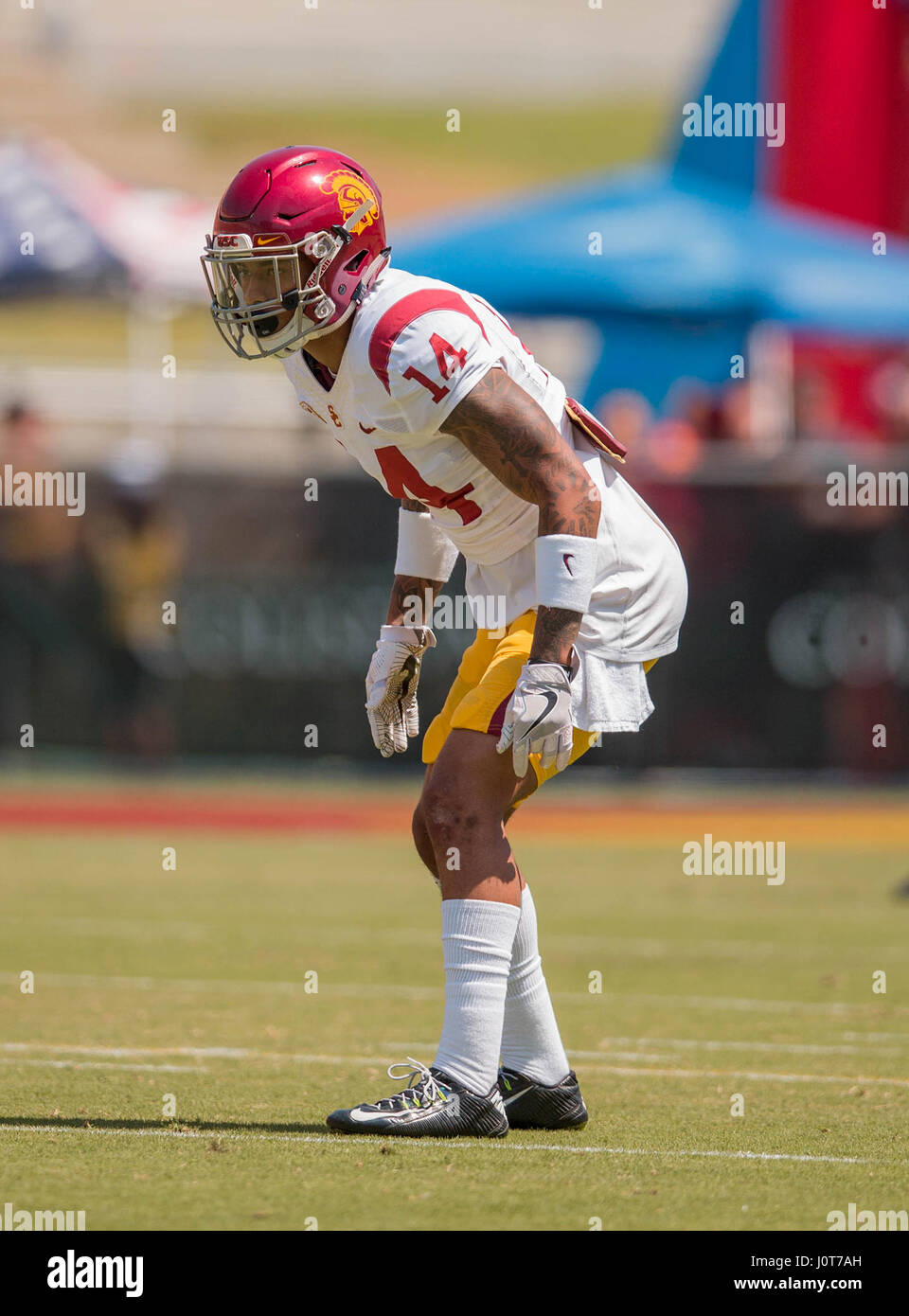 Los Angeles, CA, USA. 15th Apr, 2017. USC safety (14) Ykili Ross gets ...