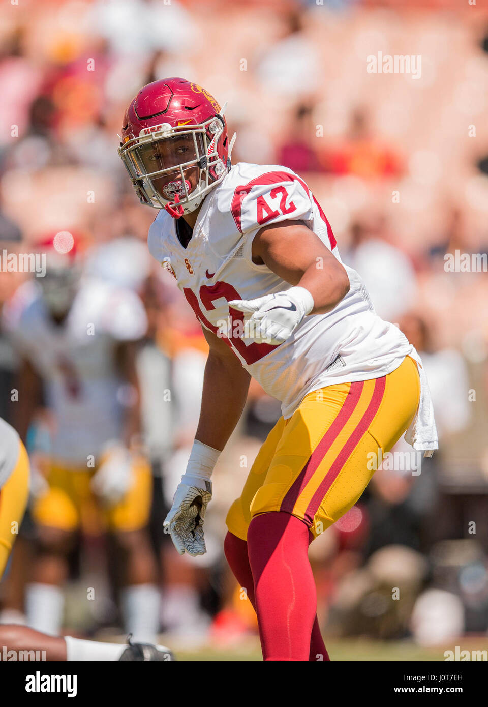 Los Angeles, CA, USA. 15th Apr, 2017. USC linebacker (42) Uchenna Nwosu ...