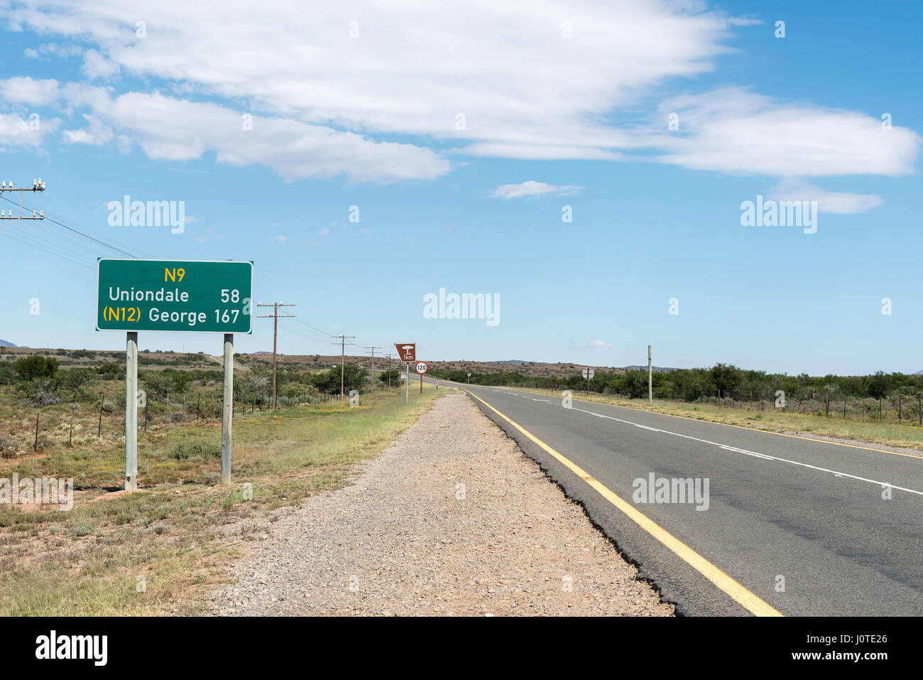 Road signs next to the N9 road near Willowmore, a small town in the ...