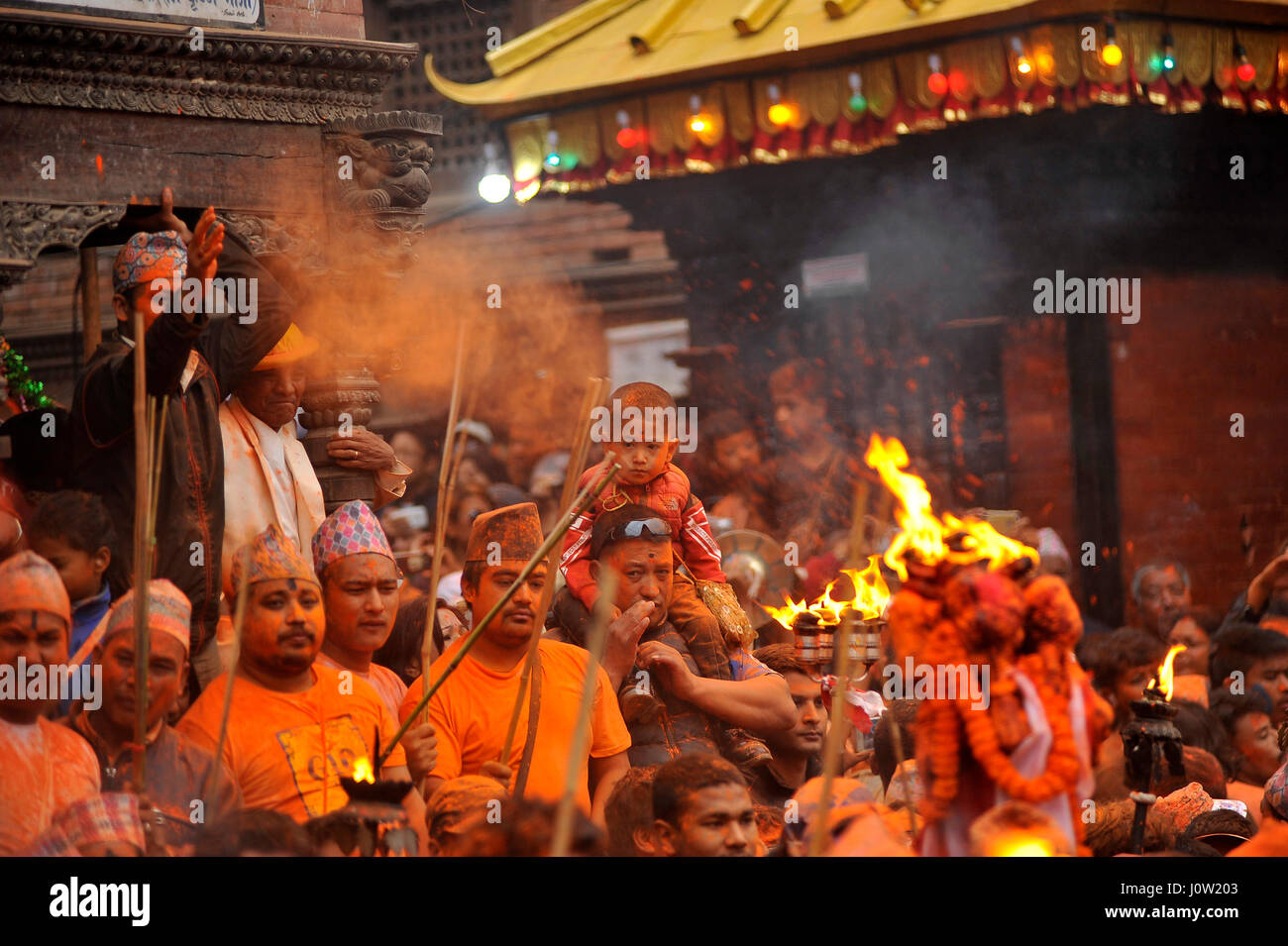 Kathmandu, Nepal. 15th Apr, 2017. Nepalese devotees holds torch frame ...