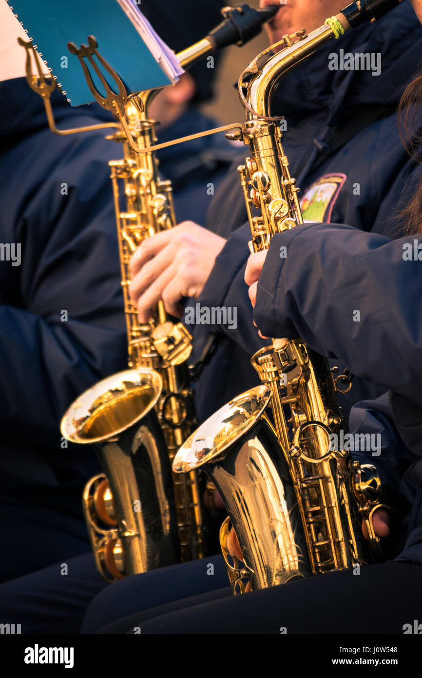 Saxophones of a town band during a performance Stock Photo - Alamy