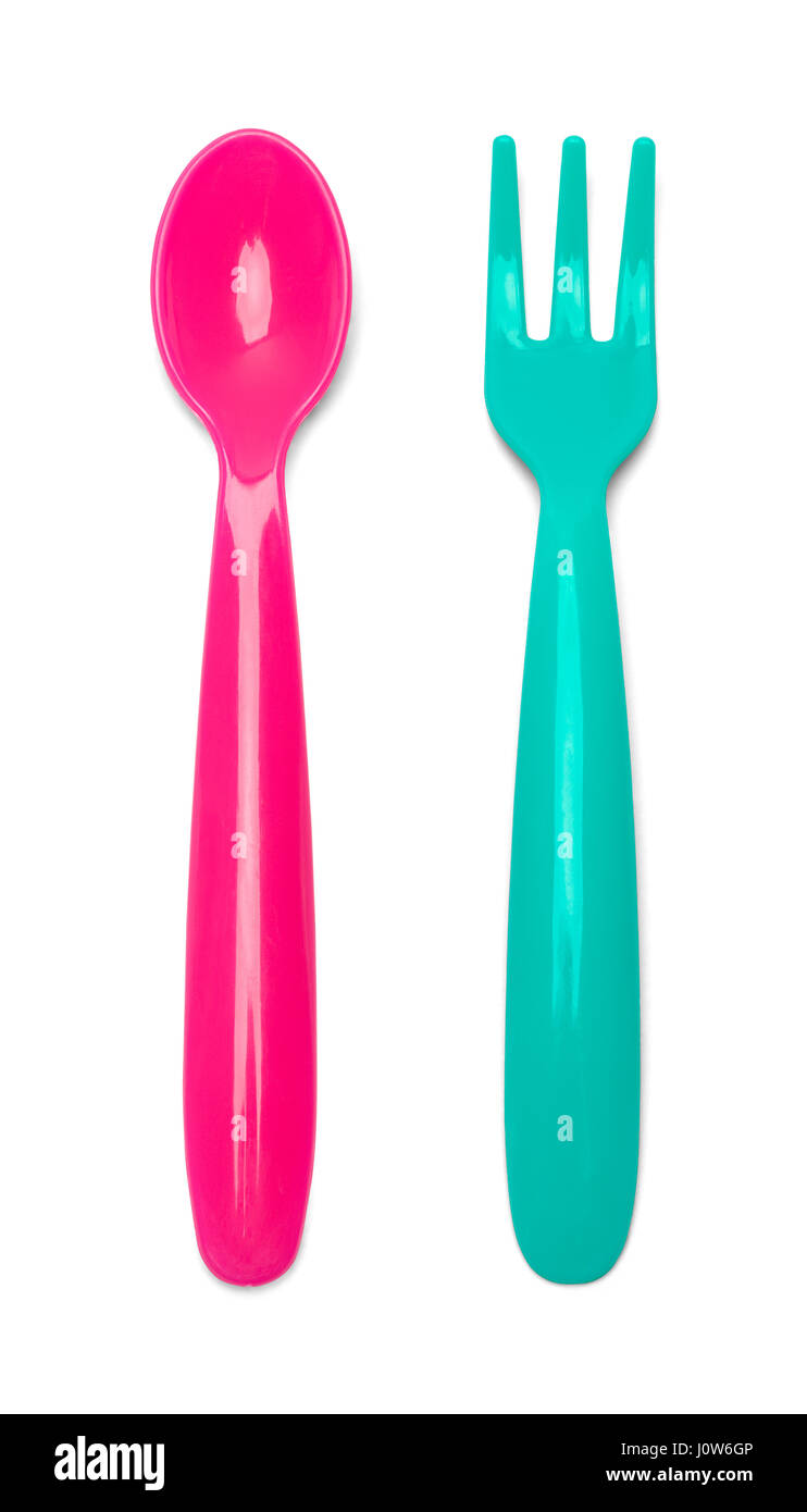 Pink Baby Spoon and Blue Plastic Fork Isolated on White Background ...