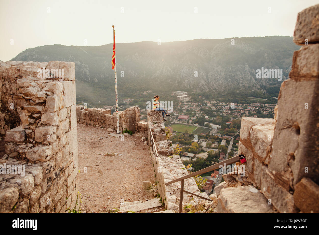 woman travel and enjoy panorama view. high point view. Montenegro ...