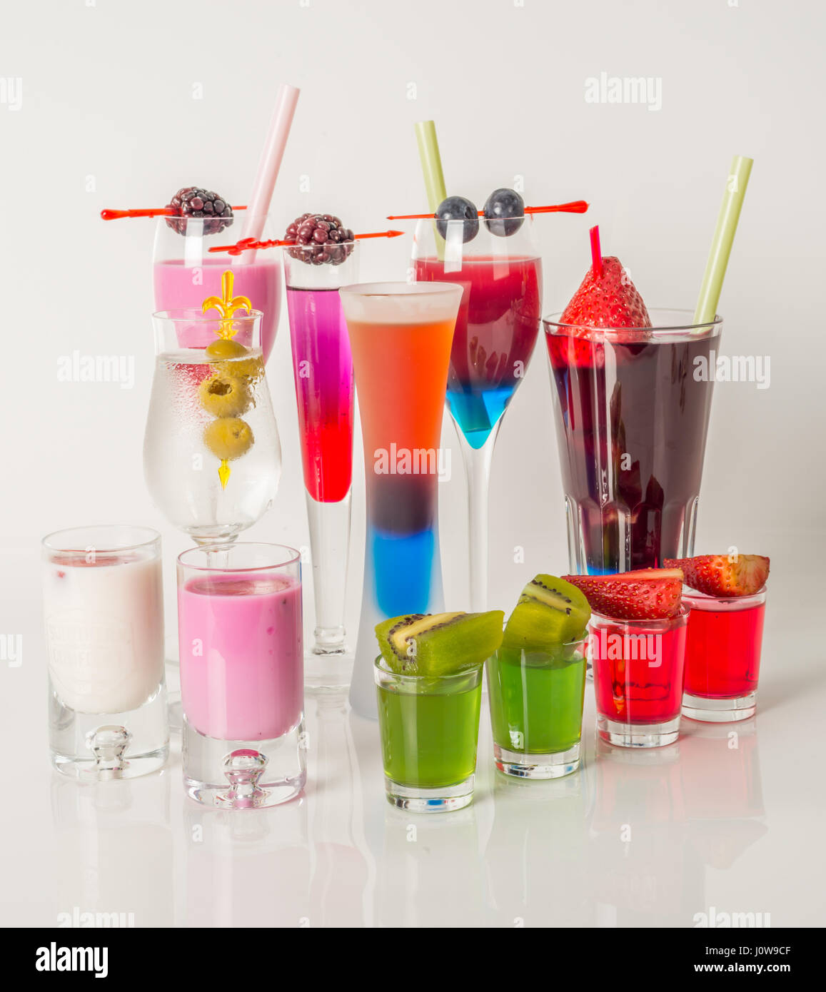 Colorful set of drinks, color drink decorated with fruit, sunglasses ...