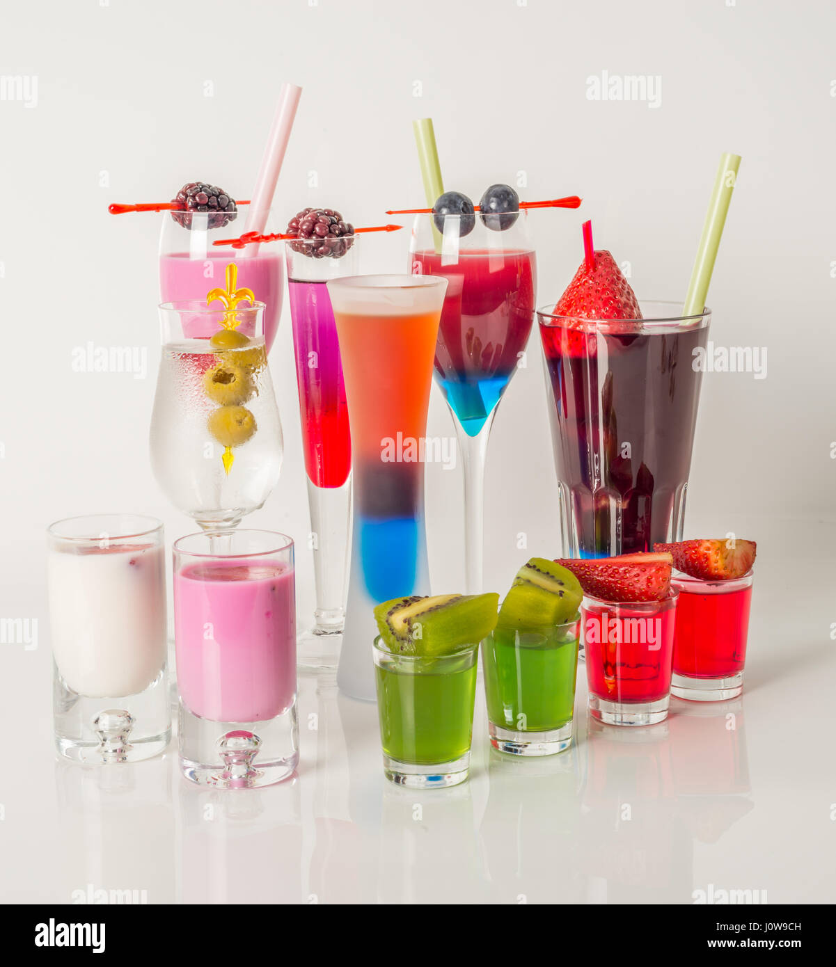 Colorful set of drinks, color drink decorated with fruit, sunglasses ...