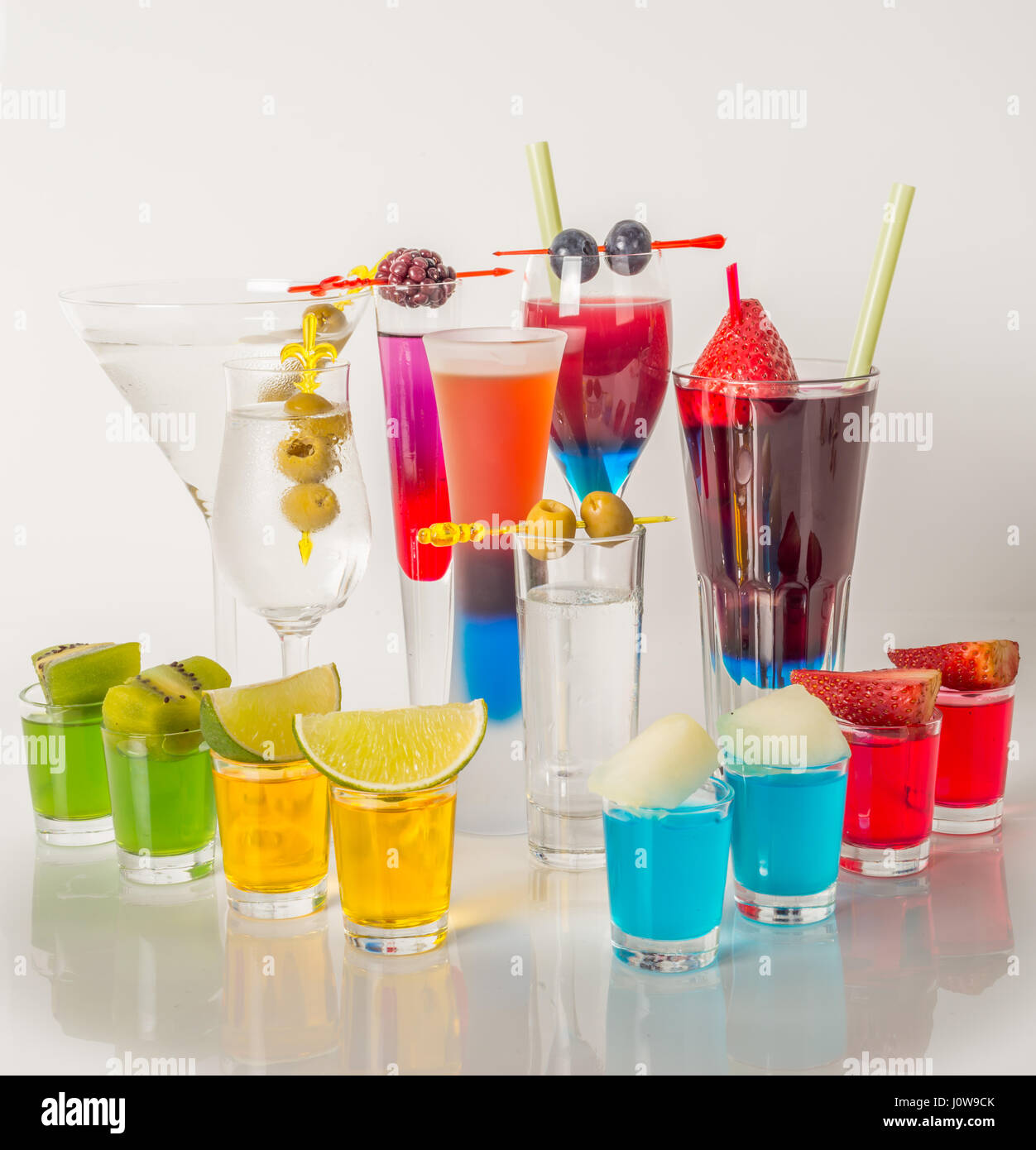 Colorful set of drinks, color drink decorated with fruit, sunglasses ...