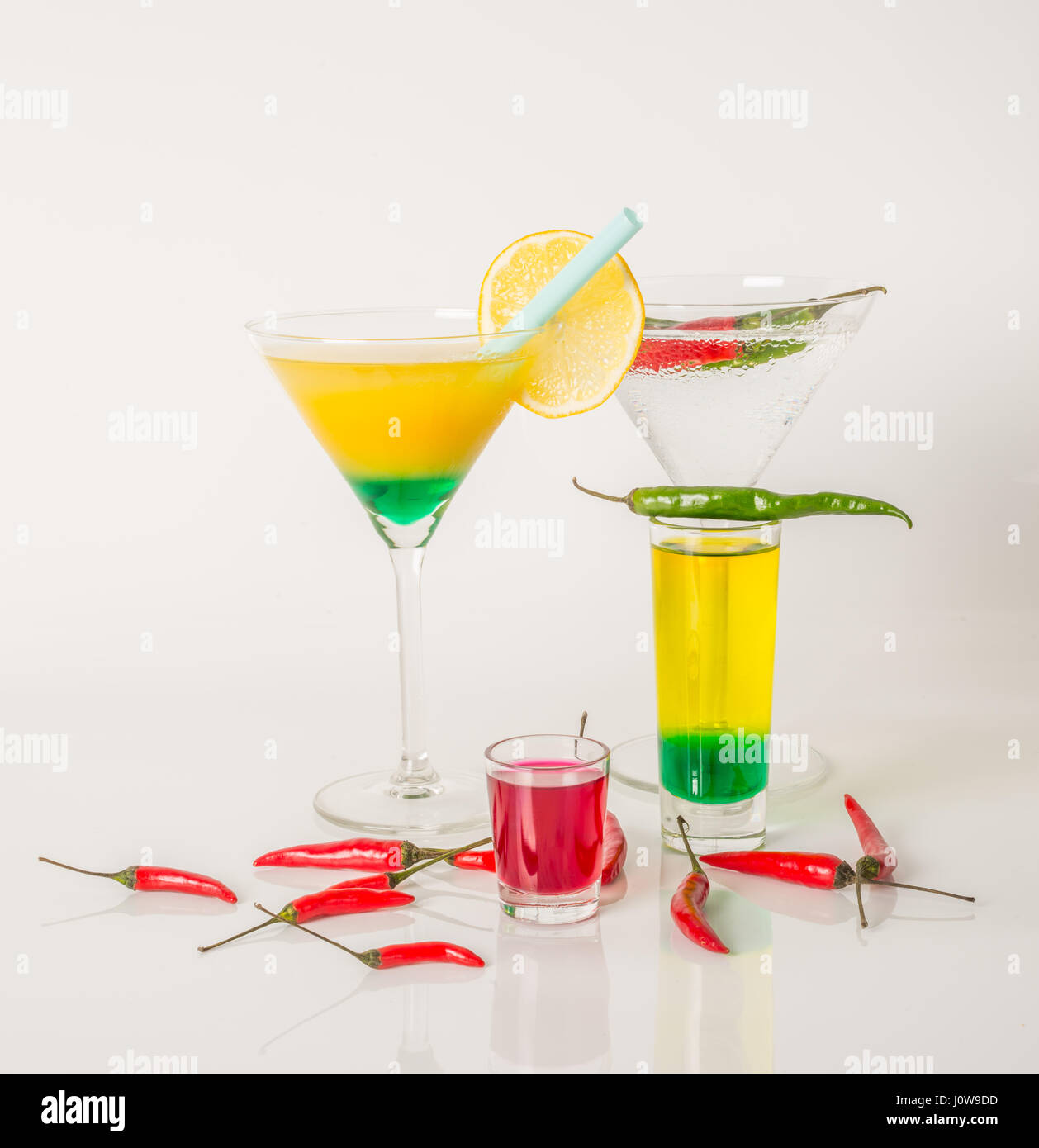 Colorful set of drinks, color drink decorated with olives and peppers ...