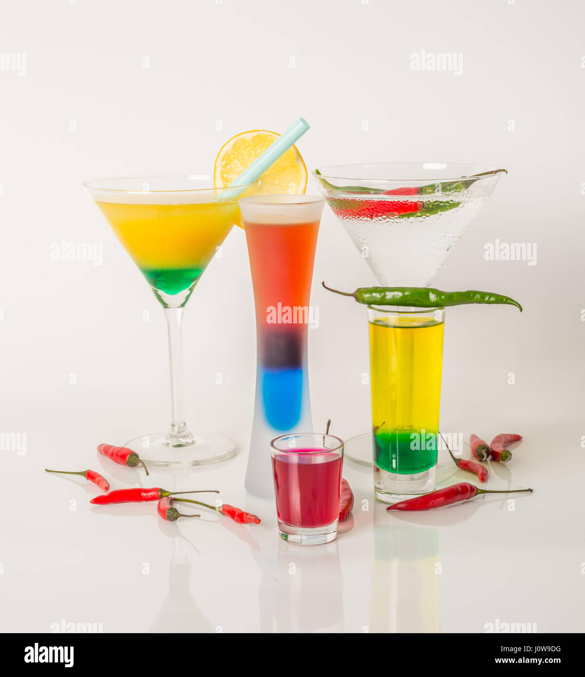 Colorful set of drinks, color drink decorated with olives and peppers ...