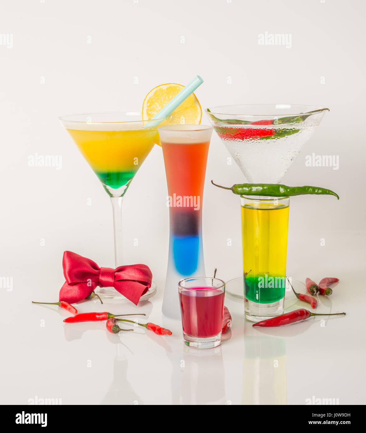 Colorful set of drinks, color drink decorated with olives and peppers ...