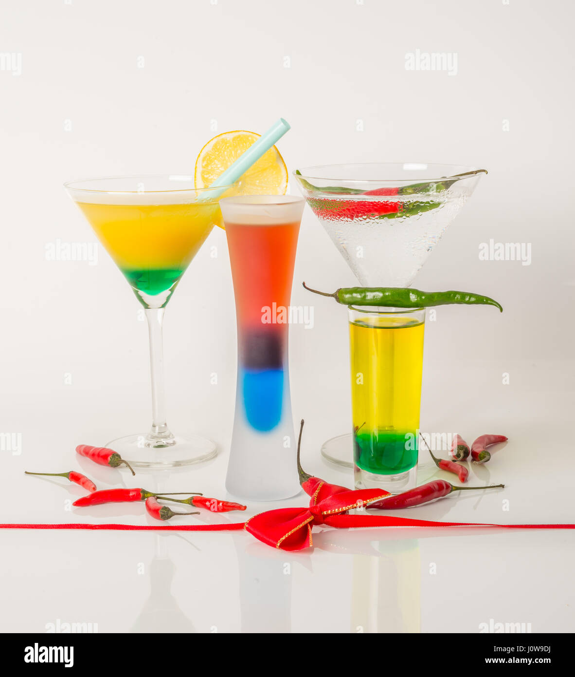 Colorful set of drinks, color drink decorated with olives and peppers ...