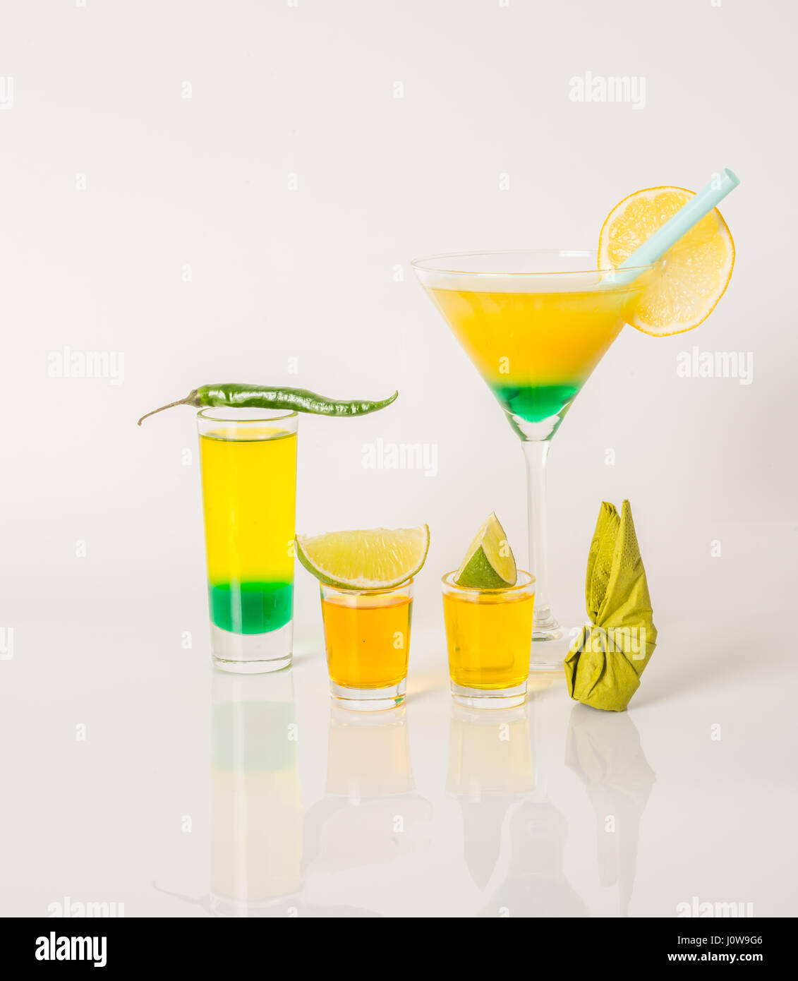 Colorful set of drinks, color drink decorated with fruit, color shots ...