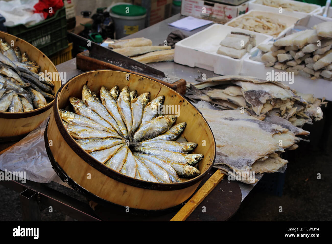 Sardines and different kind of fish on food market, Majorca, Balearic ...
