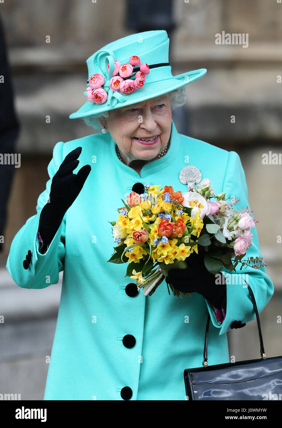 Queen Elizabeth II leaves after attending the Easter Sunday service at ...