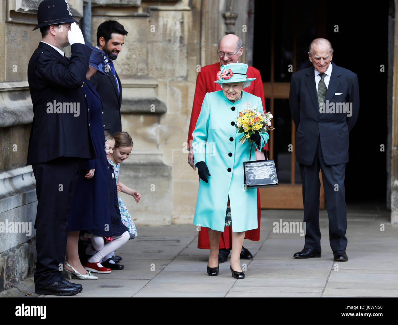 Queen Elizabeth II and the Duke of Edinburgh leave following the Easter ...