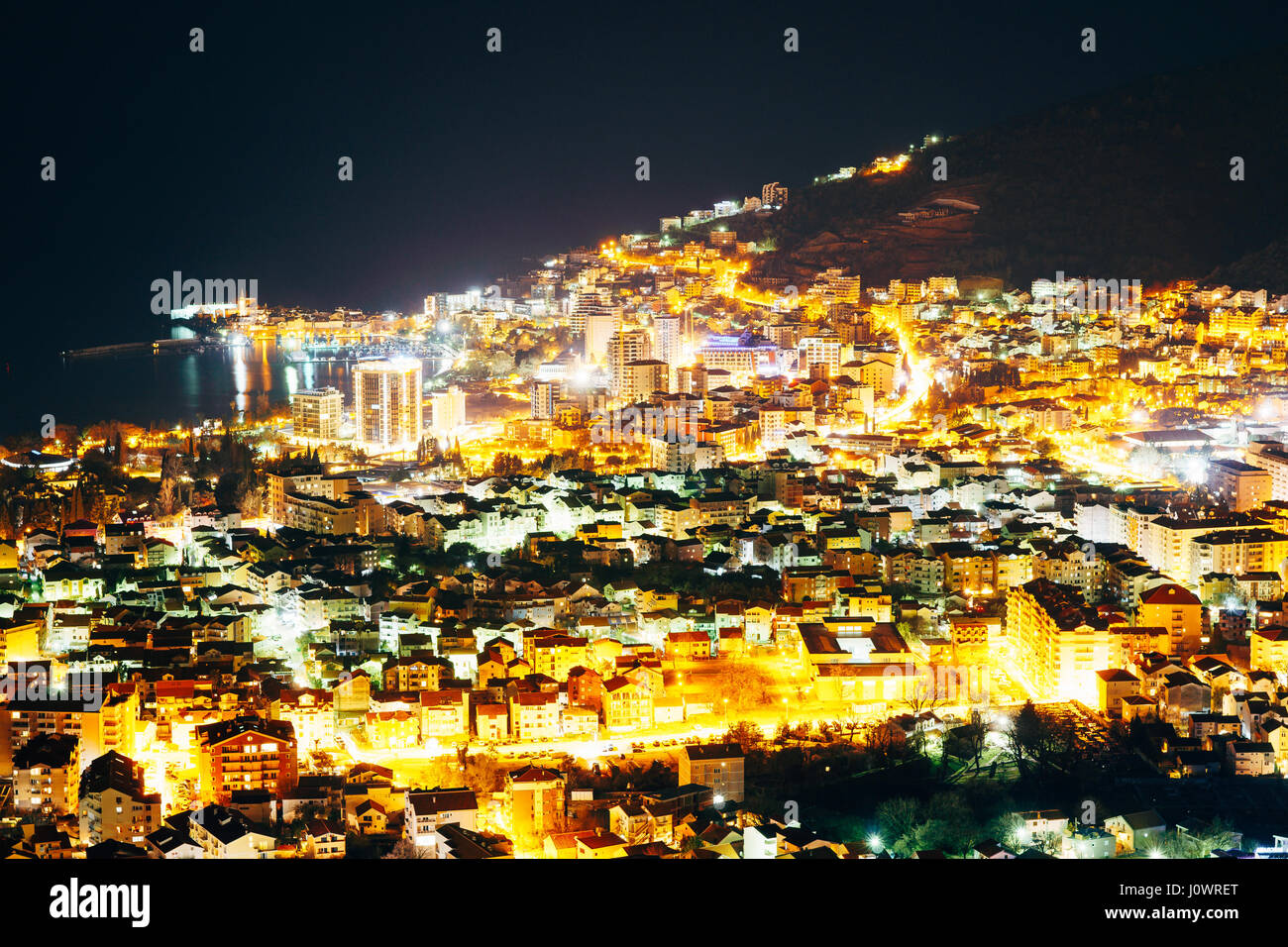 Night Budva, Montenegro. The new town, the view from the highest ...