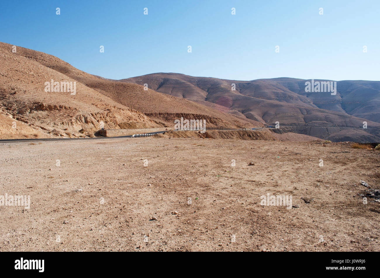 Jordanian and desert landscape on the road to the Dead Sea, Salt Sea ...