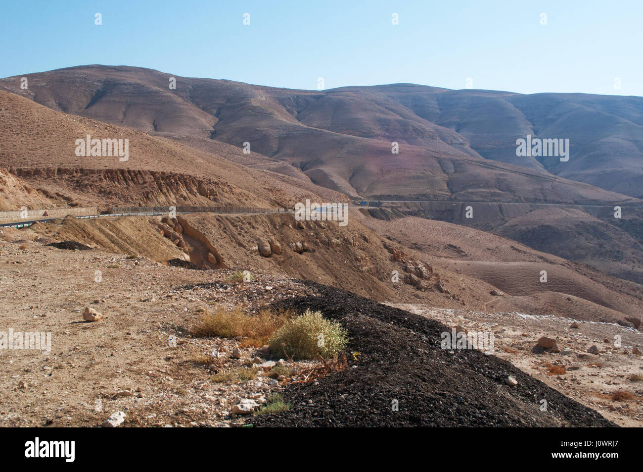 Jordanian and desert landscape on the road to the Dead Sea, Salt Sea ...