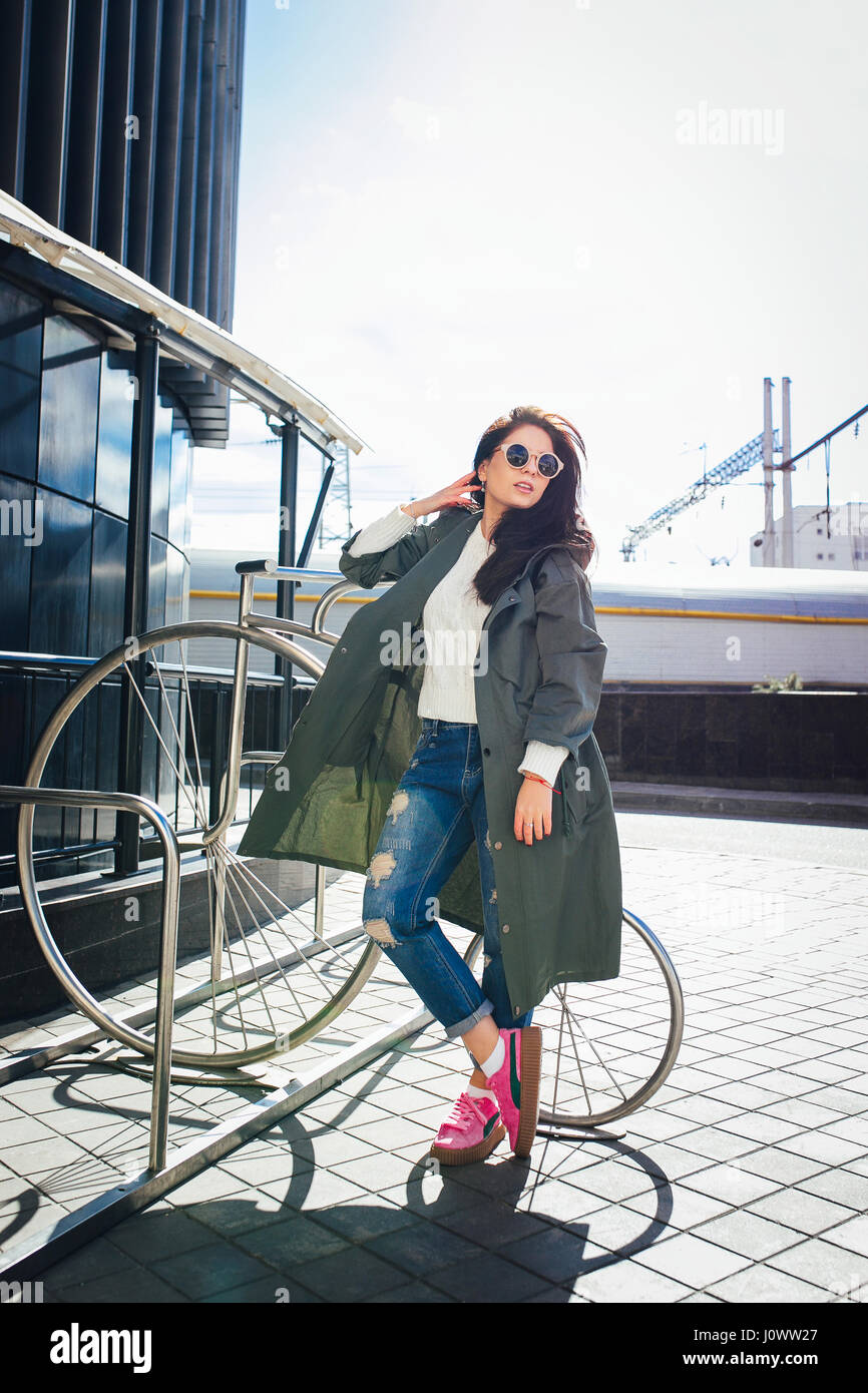 fashion closeup portrait of nice pretty young hipster woman posing in ...