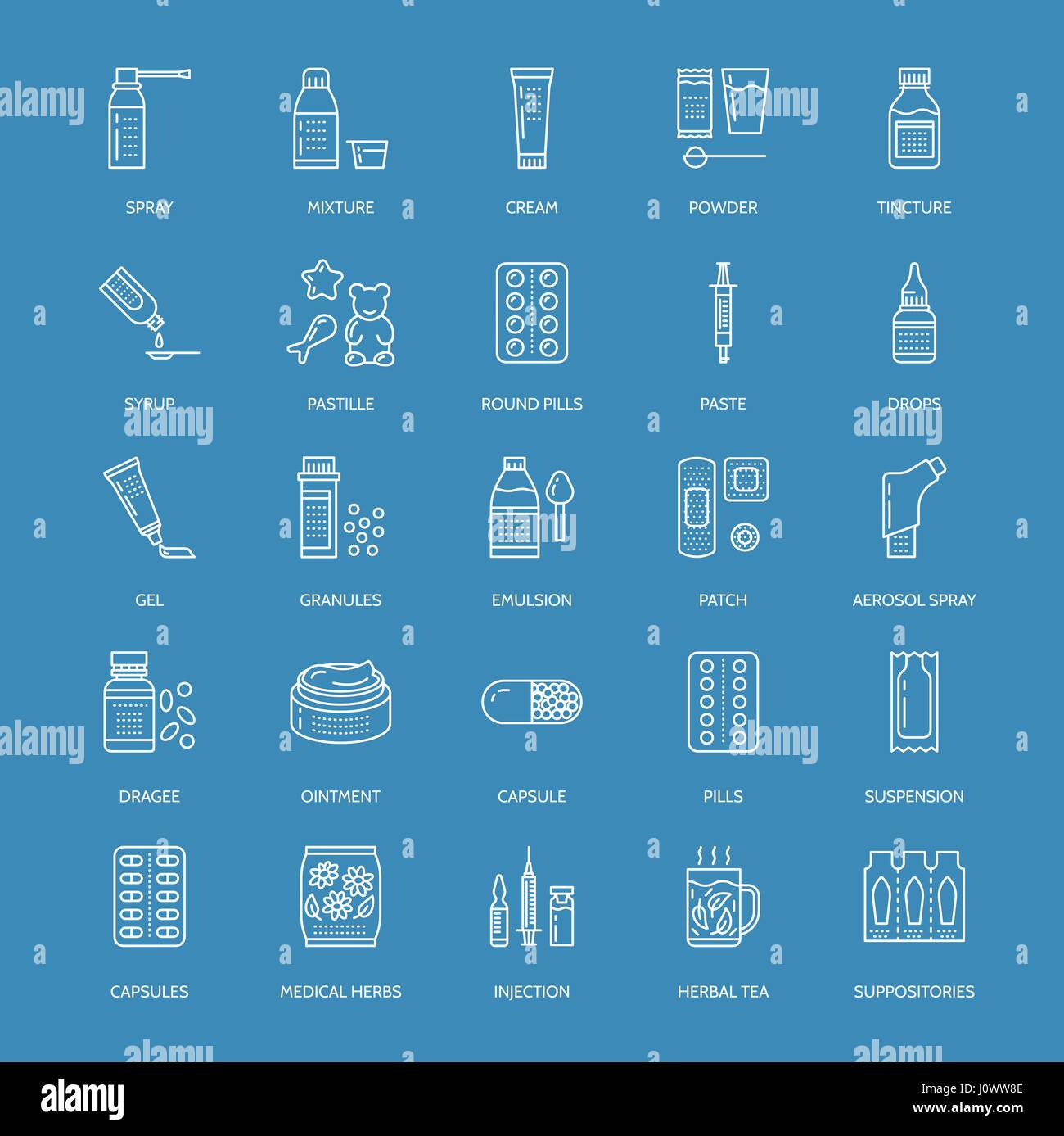Medicines, dosage forms blue line icons. Pharmacy medicament, tablet ...