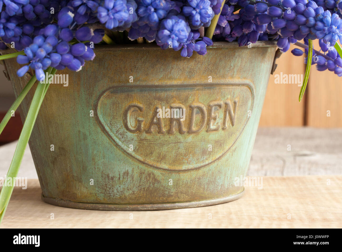 Vintage grunge bucket with the inscription Garden on a wooden table ...