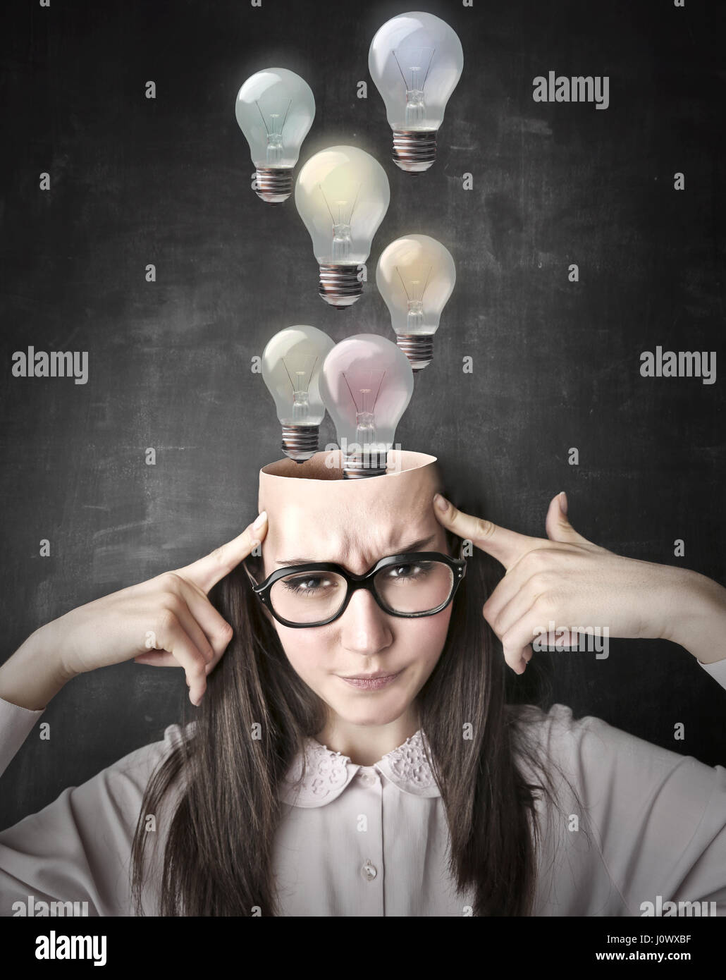 Woman with lightbulbs coming out of her head Stock Photo - Alamy