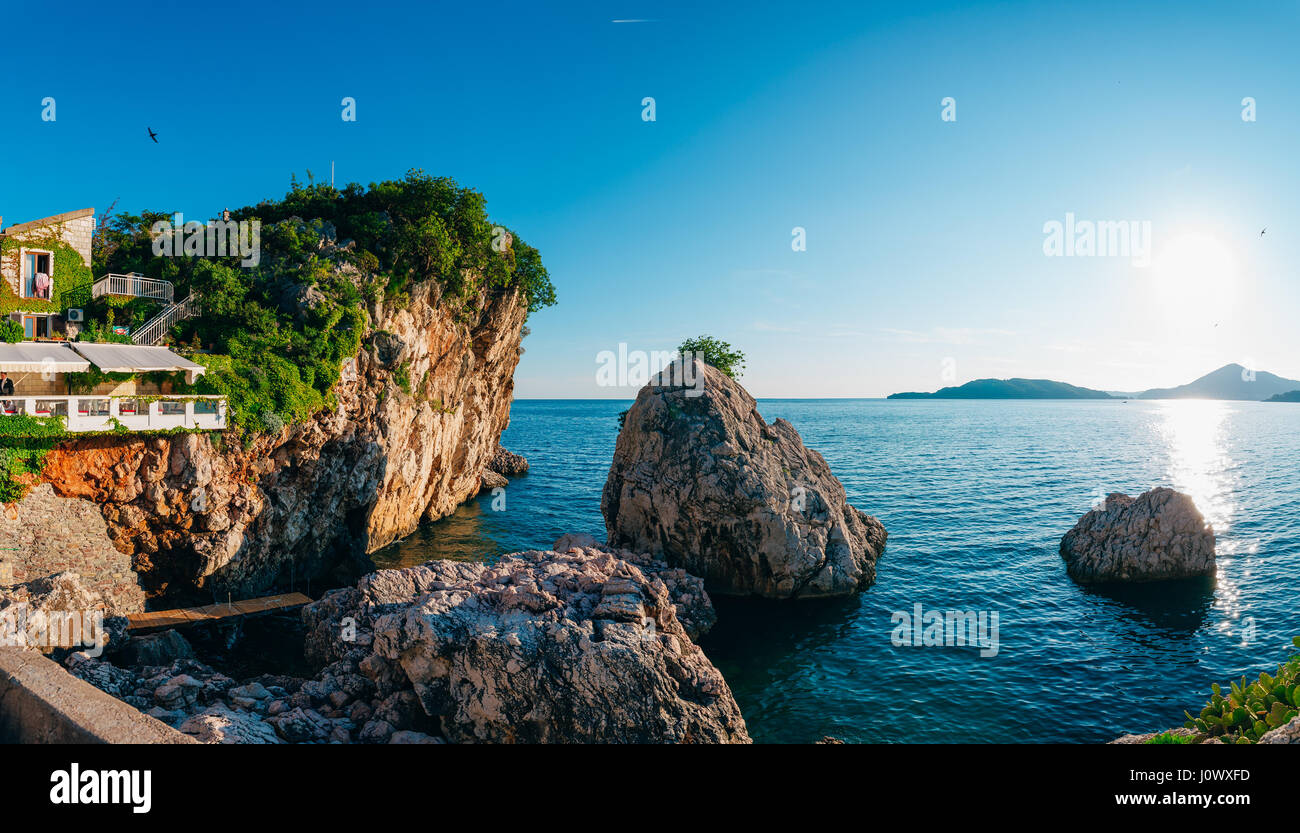 Przno, Montenegro. Restaurant on the cliff near the sea Stock Photo - Alamy
