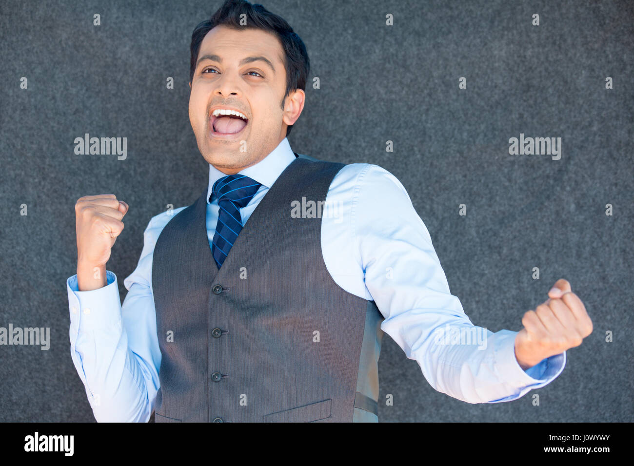 Closeup portrait, handsome excited, energetic, happy, smiling boss man ...