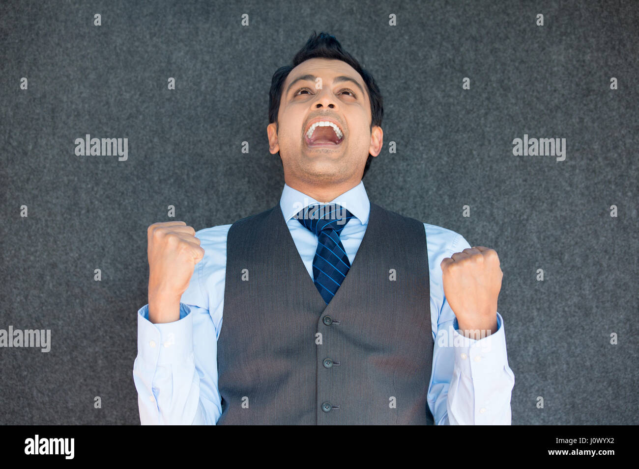 Closeup portrait, handsome excited, energetic, happy, smiling boss man ...