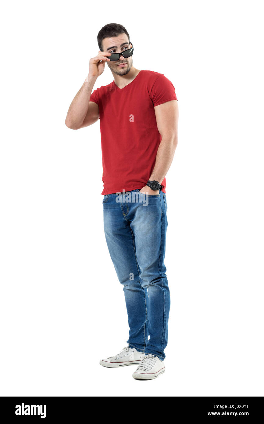 Cool flirty womanizer man peeking over shoulder looking above ...