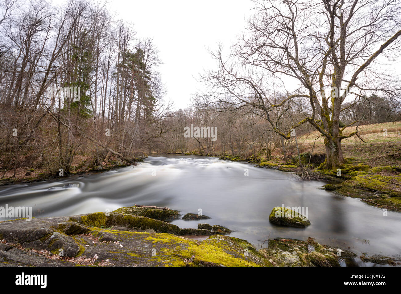 Long exposure view of Säveån river rapids, Säveån nature reserve, Floda ...