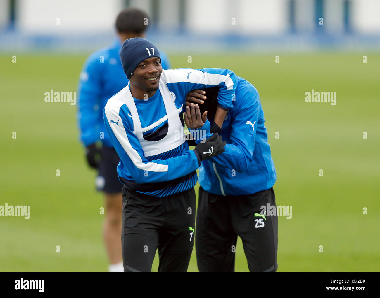 Leicester City's Ahmed Musa (left) shares a joke with Wilfred Ndidi ...