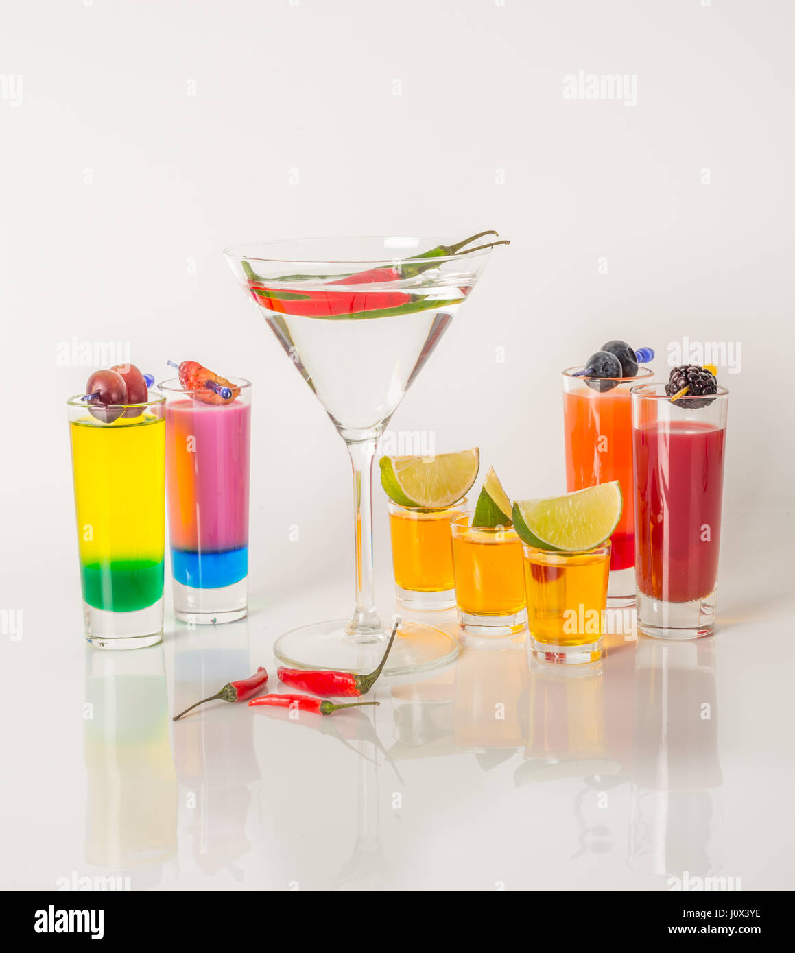 Colorful set of drinks, color drink decorated with fruit, color shots ...