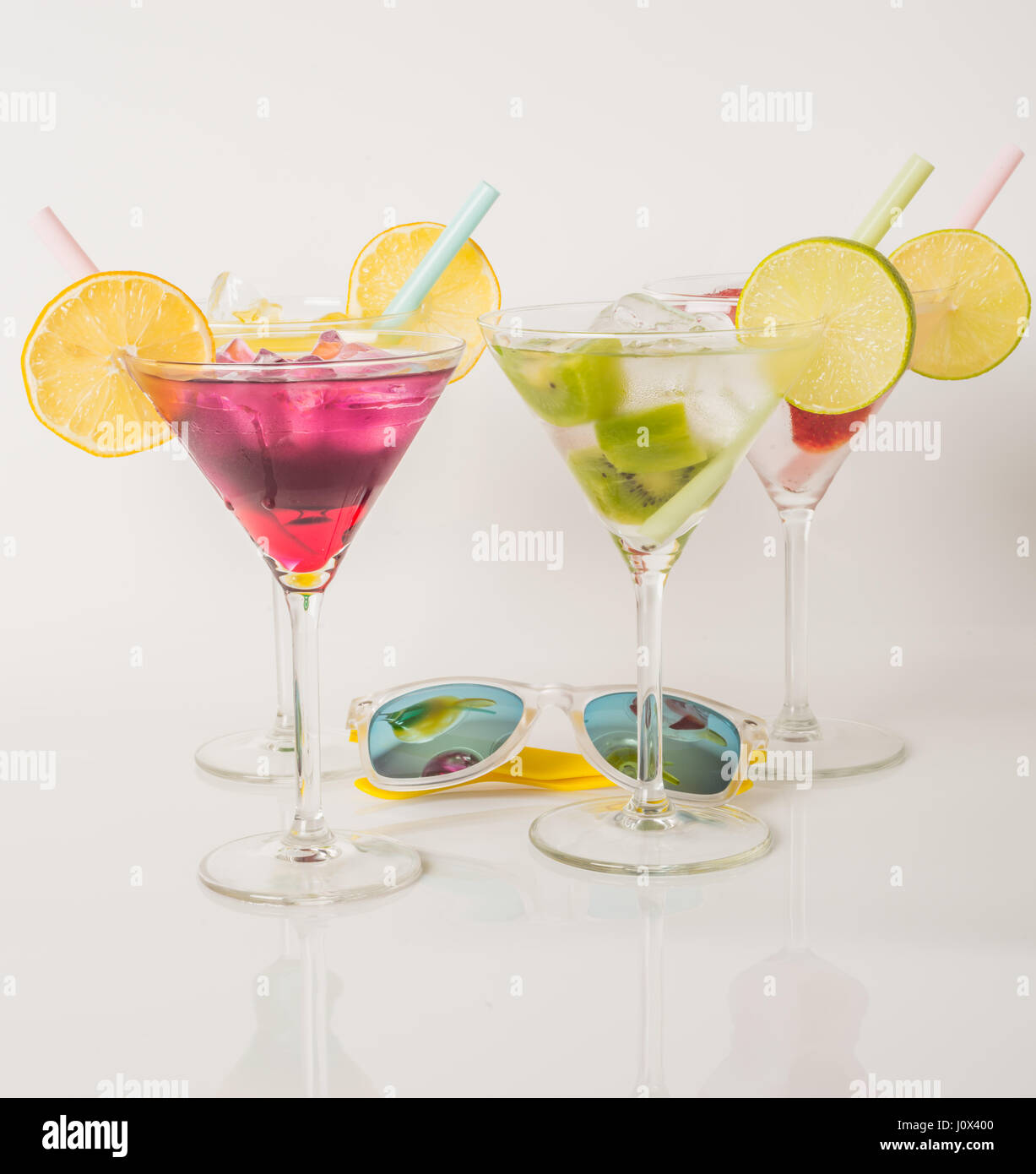 Colorful set of drinks, color drink decorated with fruit, color shots ...