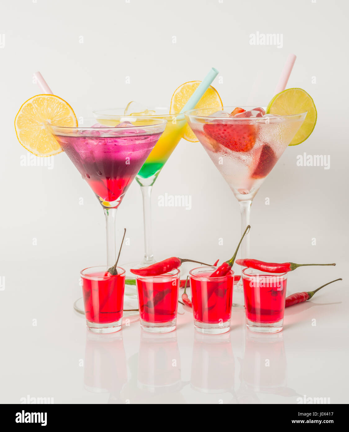 Colorful set of drinks, color drink decorated with fruit, color shots ...