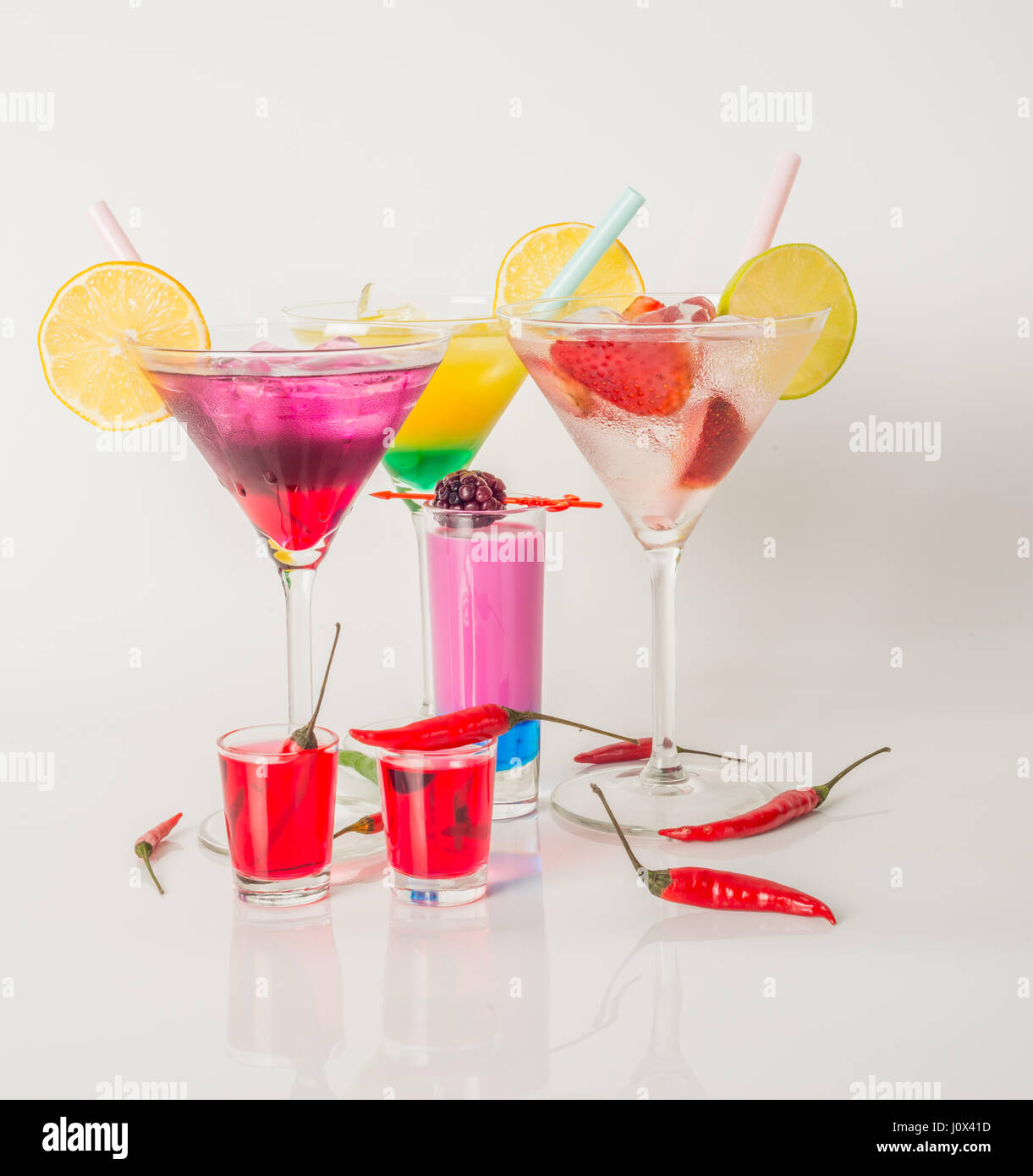 Colorful set of drinks, color drink decorated with fruit, color shots ...