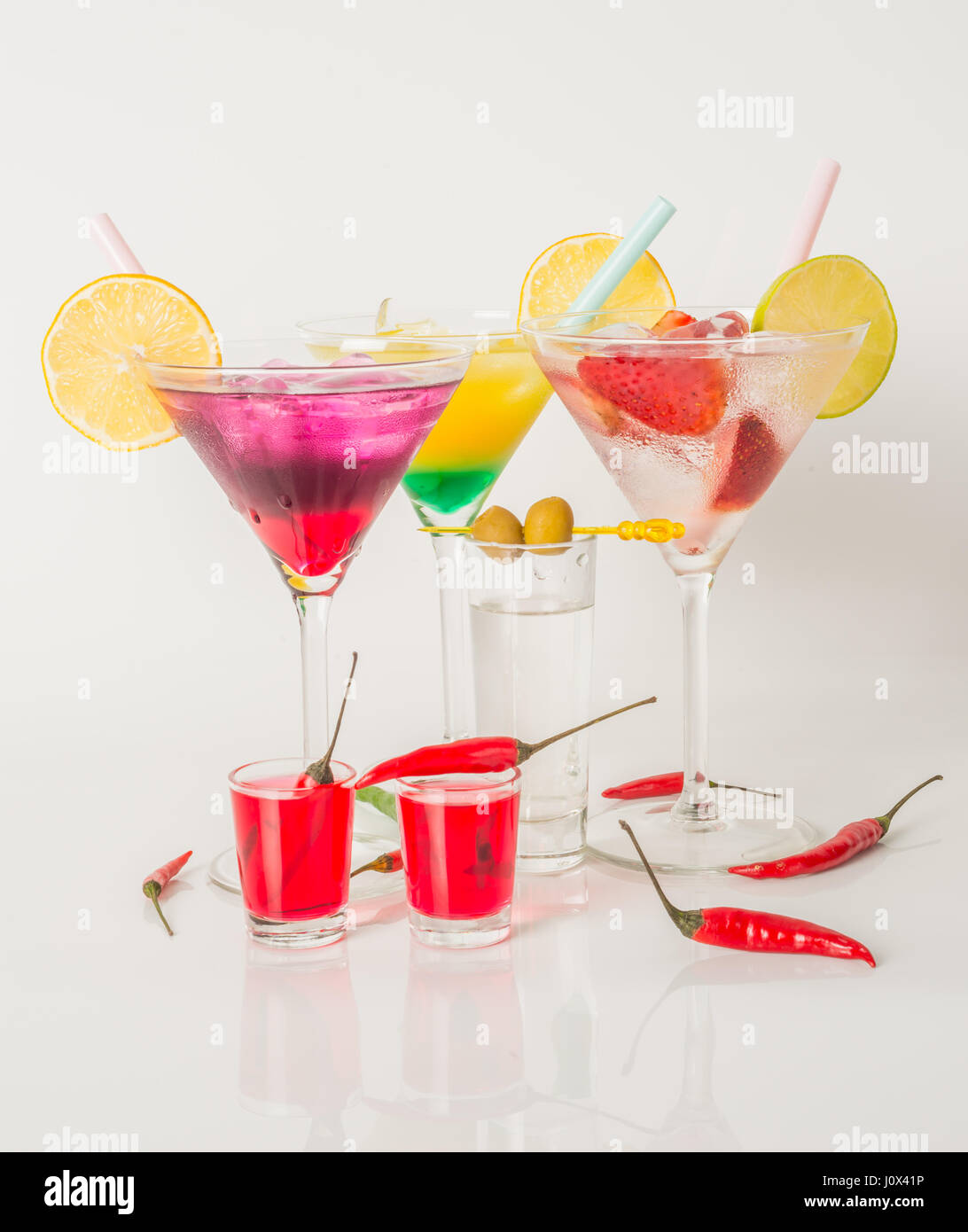 Colorful set of drinks, color drink decorated with fruit, color shots ...