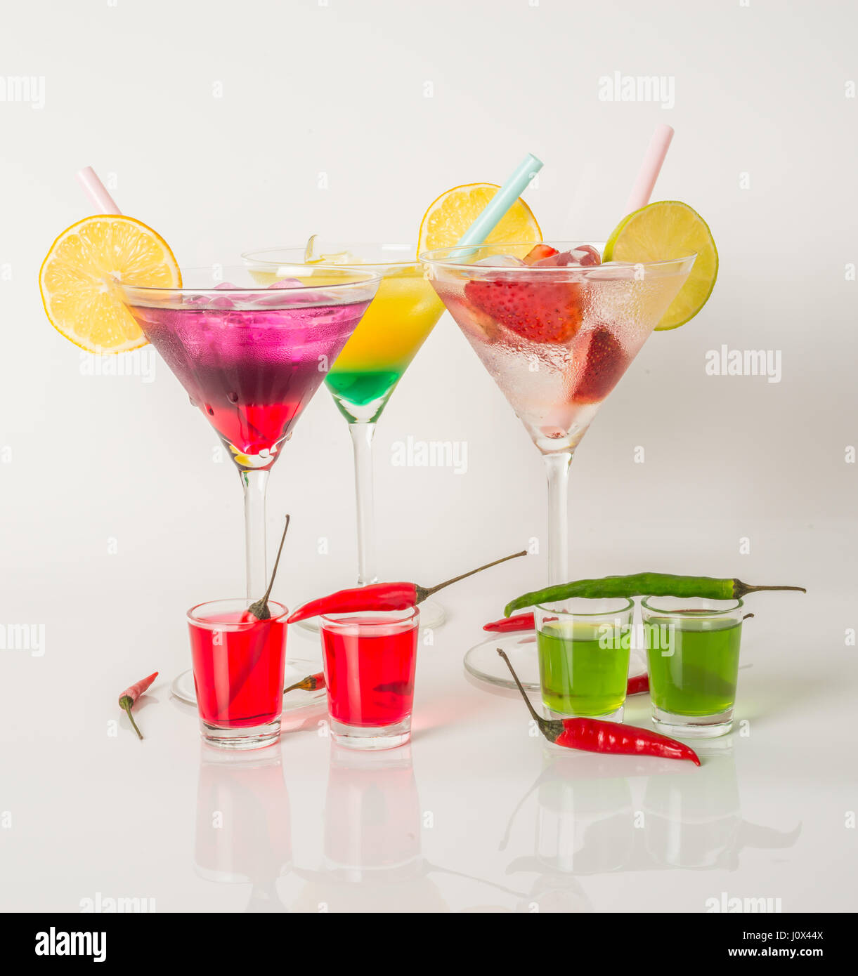 Colorful set of drinks, color drink decorated with fruit, color shots ...
