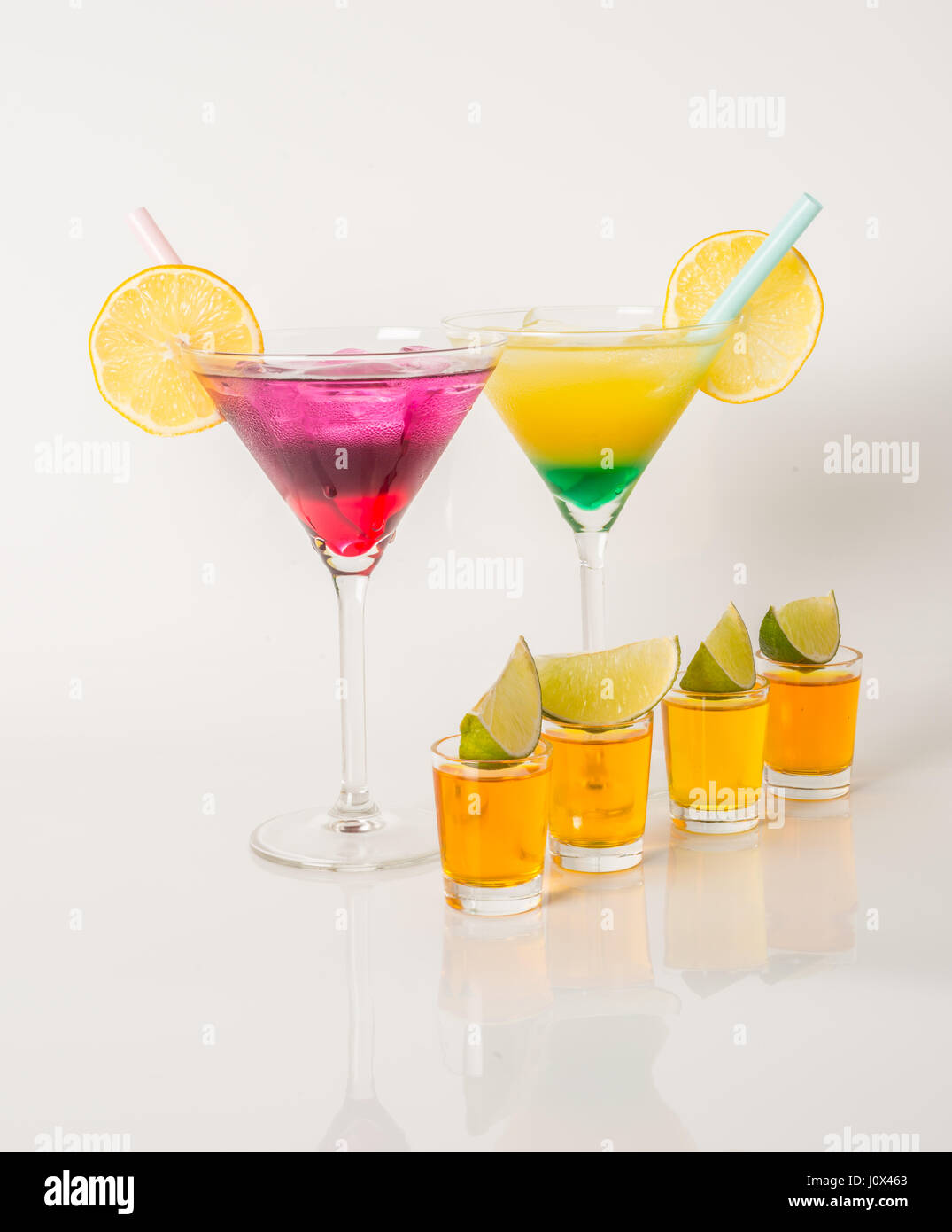 Colorful set of drinks, color drink decorated with fruit, color shots ...
