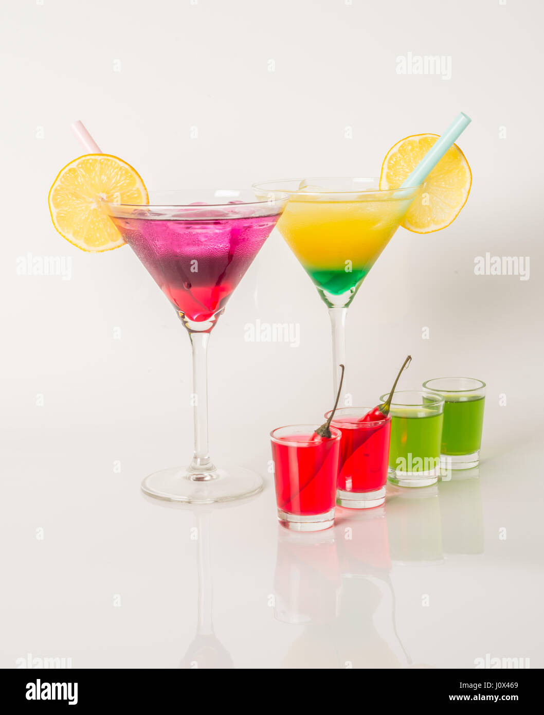 Colorful set of drinks, color drink decorated with fruit, color shots ...