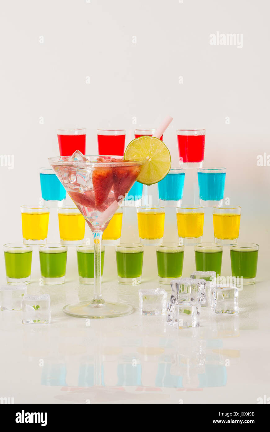 Colorful set of drinks, color drink decorated with fruit, many color ...
