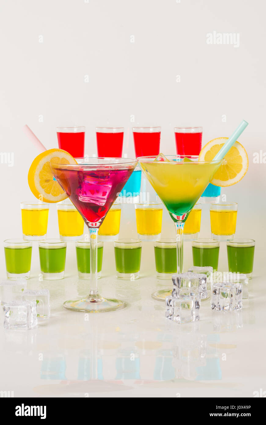 Colorful set of drinks, color drink decorated with fruit, many color ...