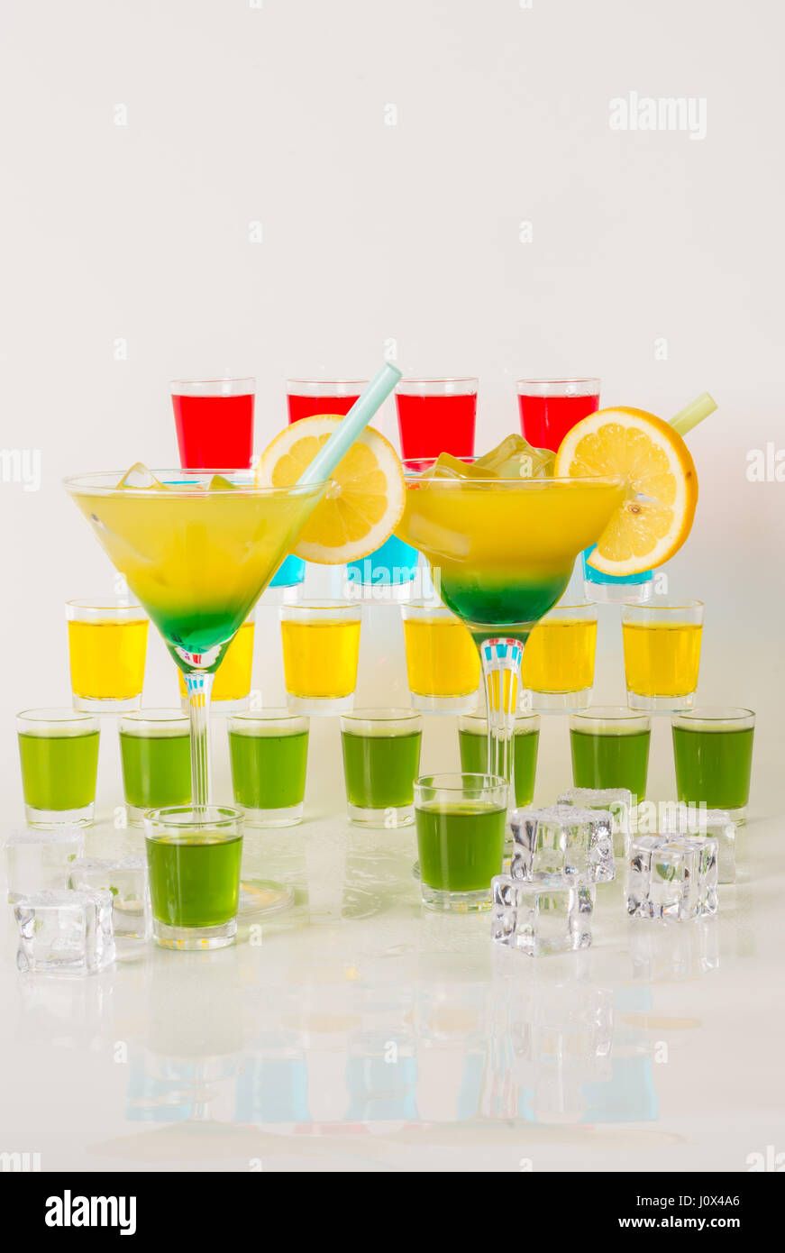 Colorful set of drinks, color drink decorated with fruit, many color ...