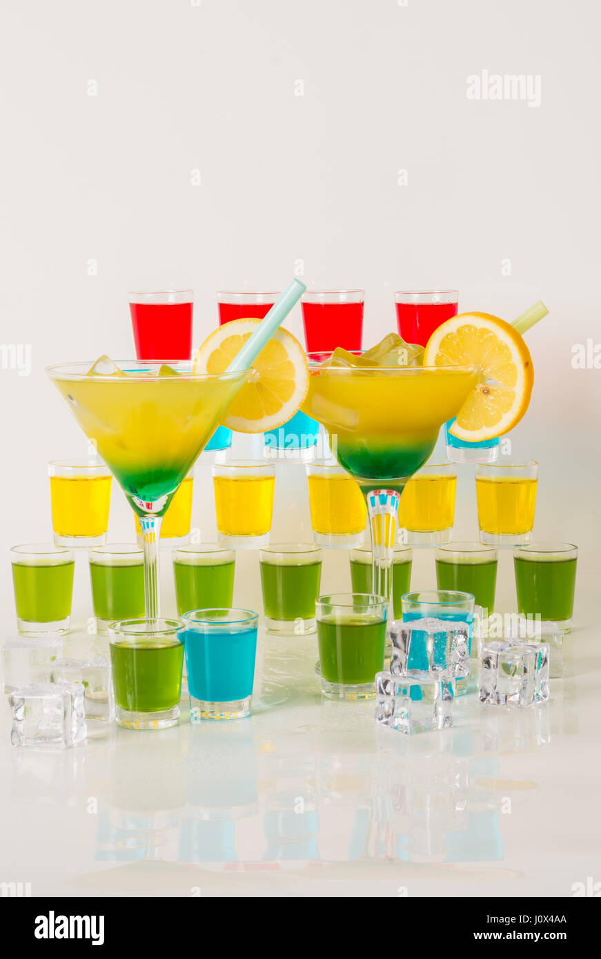 Colorful set of drinks, color drink decorated with fruit, many color ...
